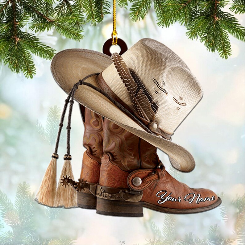 Personalized Cowboy Boots & Hat Acrylic Ornament: Western Christmas ...