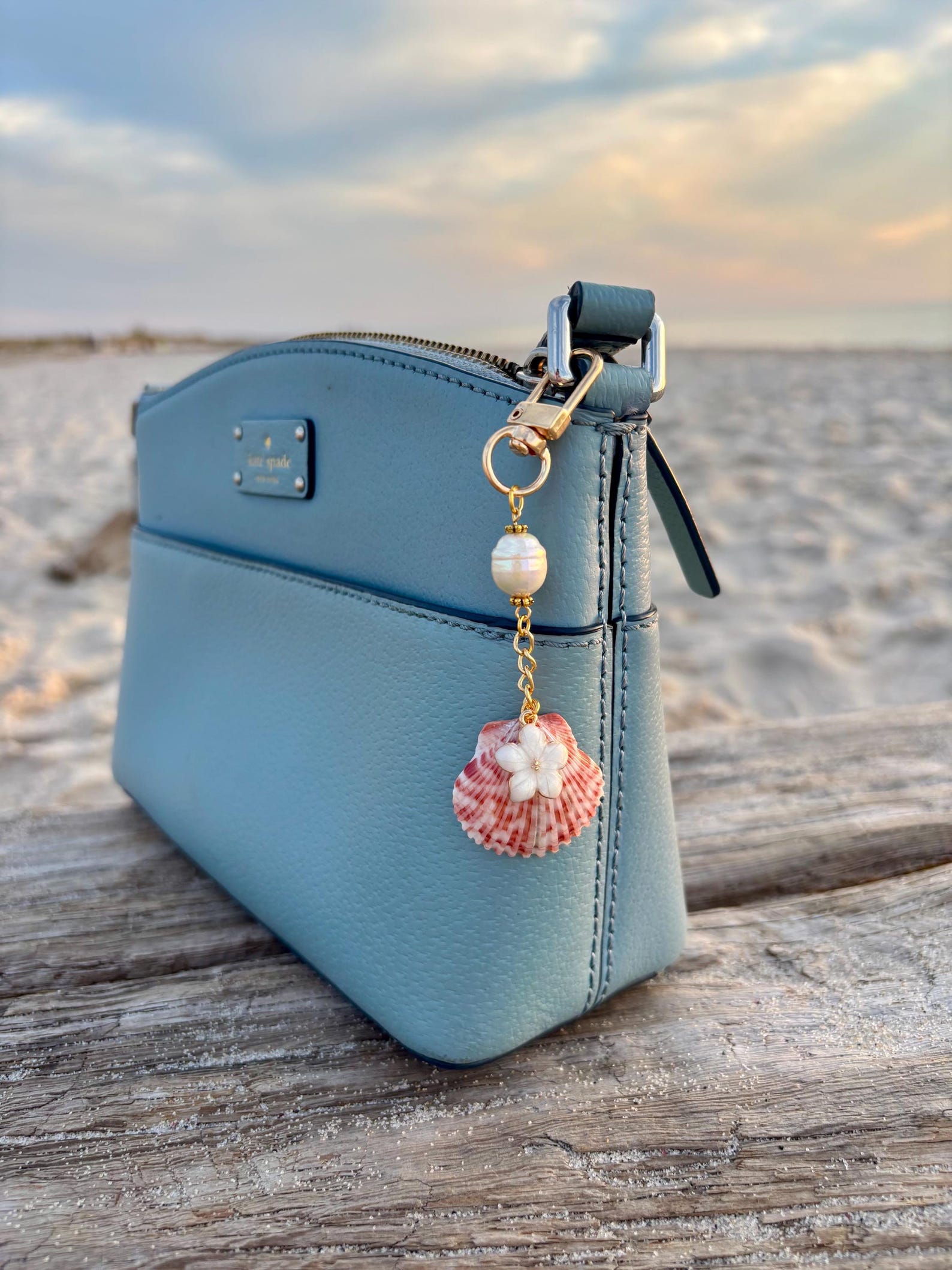 LARGE KEY RING* Beach Bag Charm – Gold Seashell & Pearl Purse Accessory ...