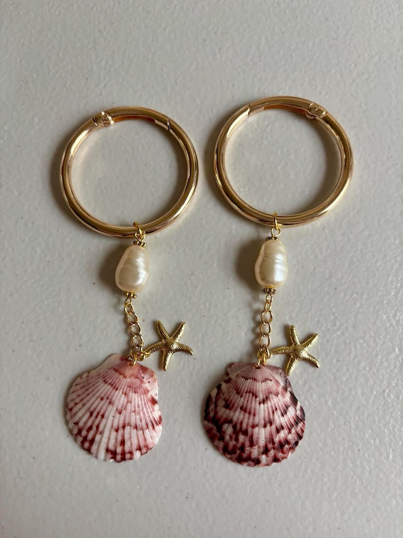 LARGE KEY RING* Beach Bag Charm – Gold Seashell & Pearl Purse Accessory ...