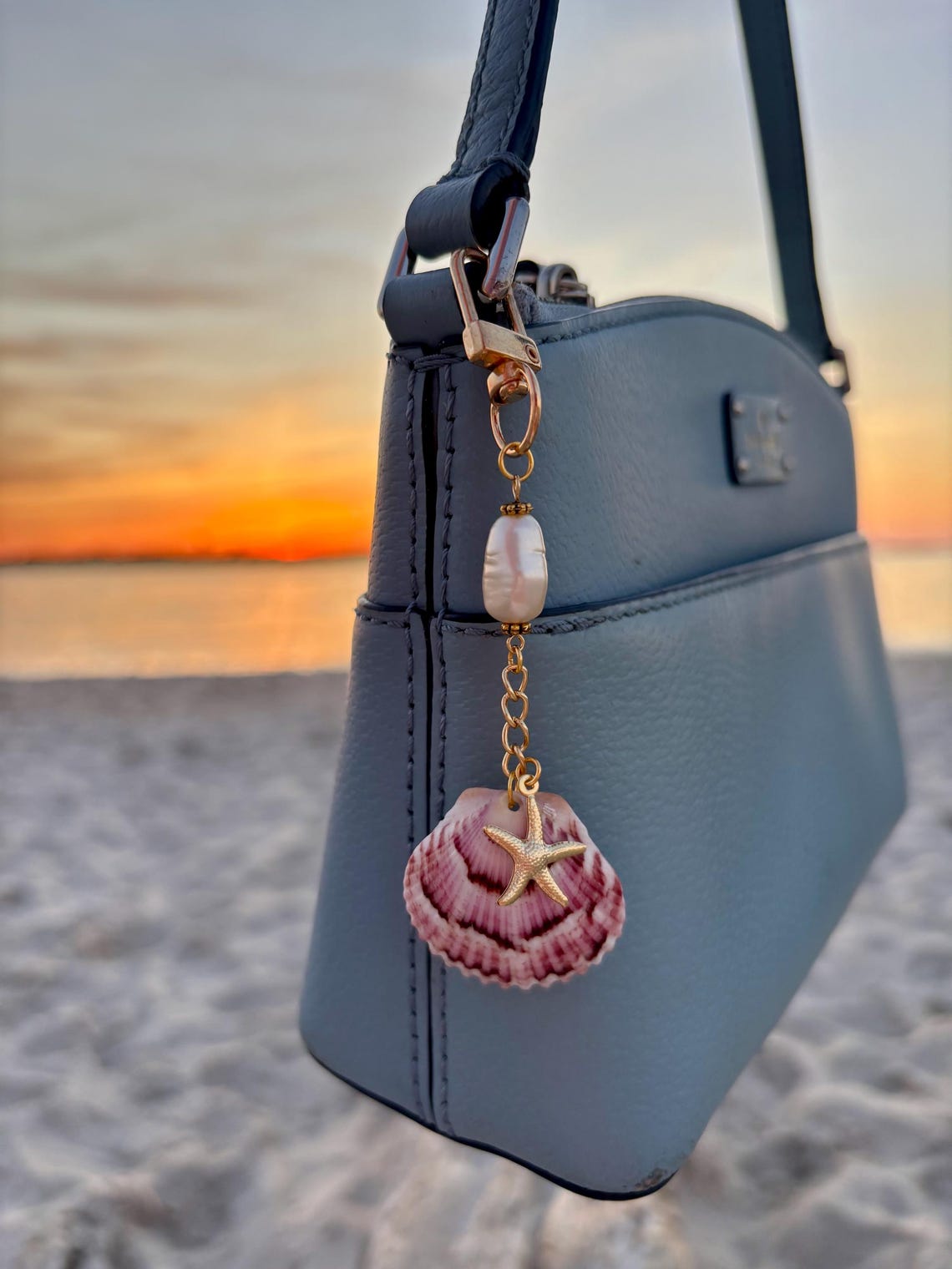 LARGE KEY RING* Beach Bag Charm – Gold Seashell & Pearl Purse Accessory ...