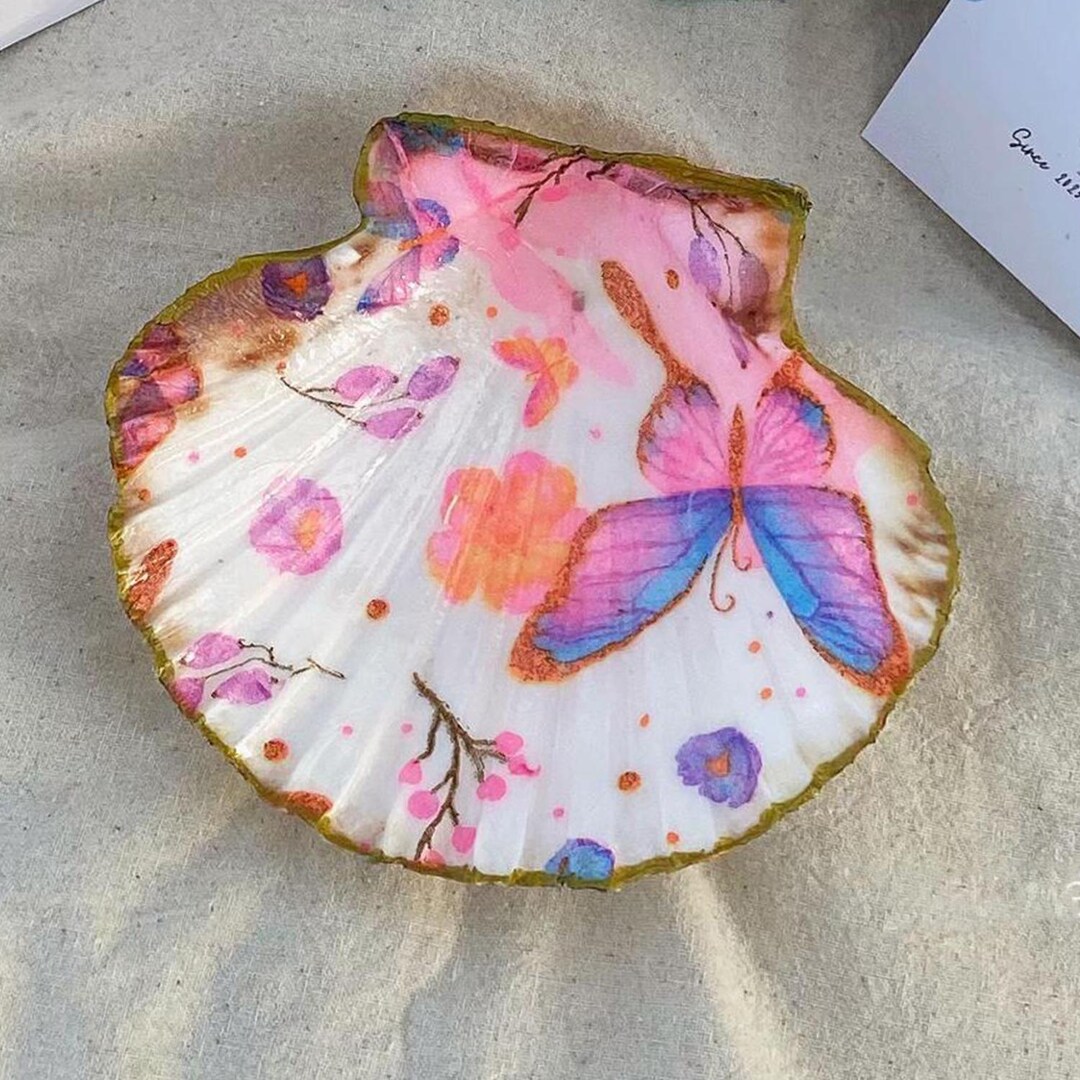 Butterfly Dreamscape Scallop Shell Jewelry Dish, Decorative Seashell ...