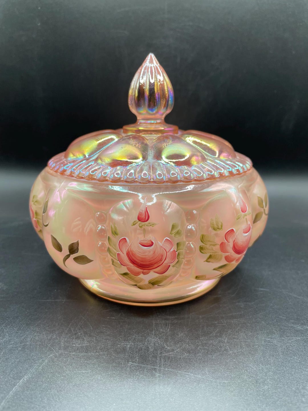 Vintage Fenton Iridescent Sunset Overlay Melon Box, Charleton ...