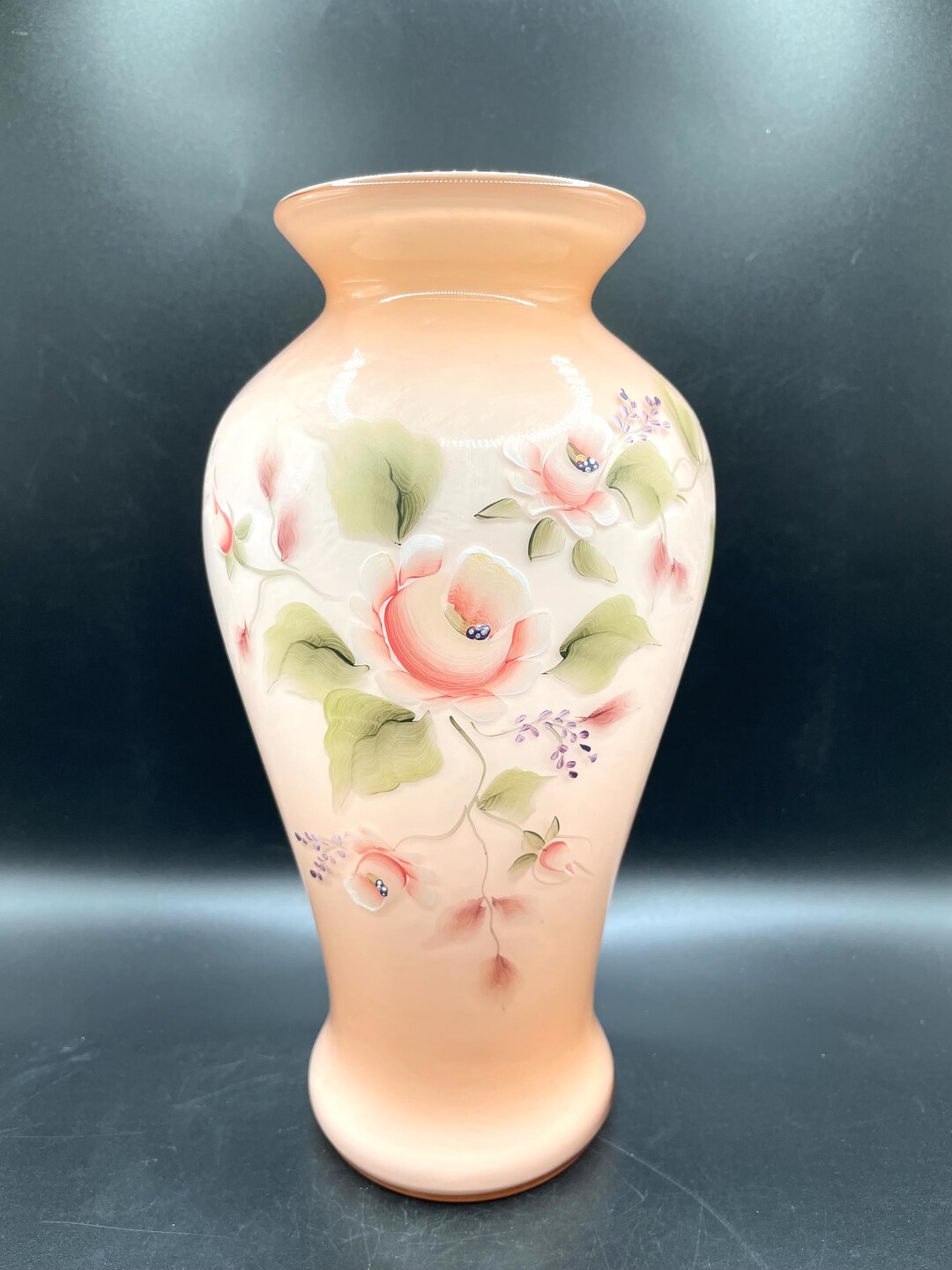 Fenton Sunset Overlay Vase, Hand Painted Princess Roses, Artist Signed ...