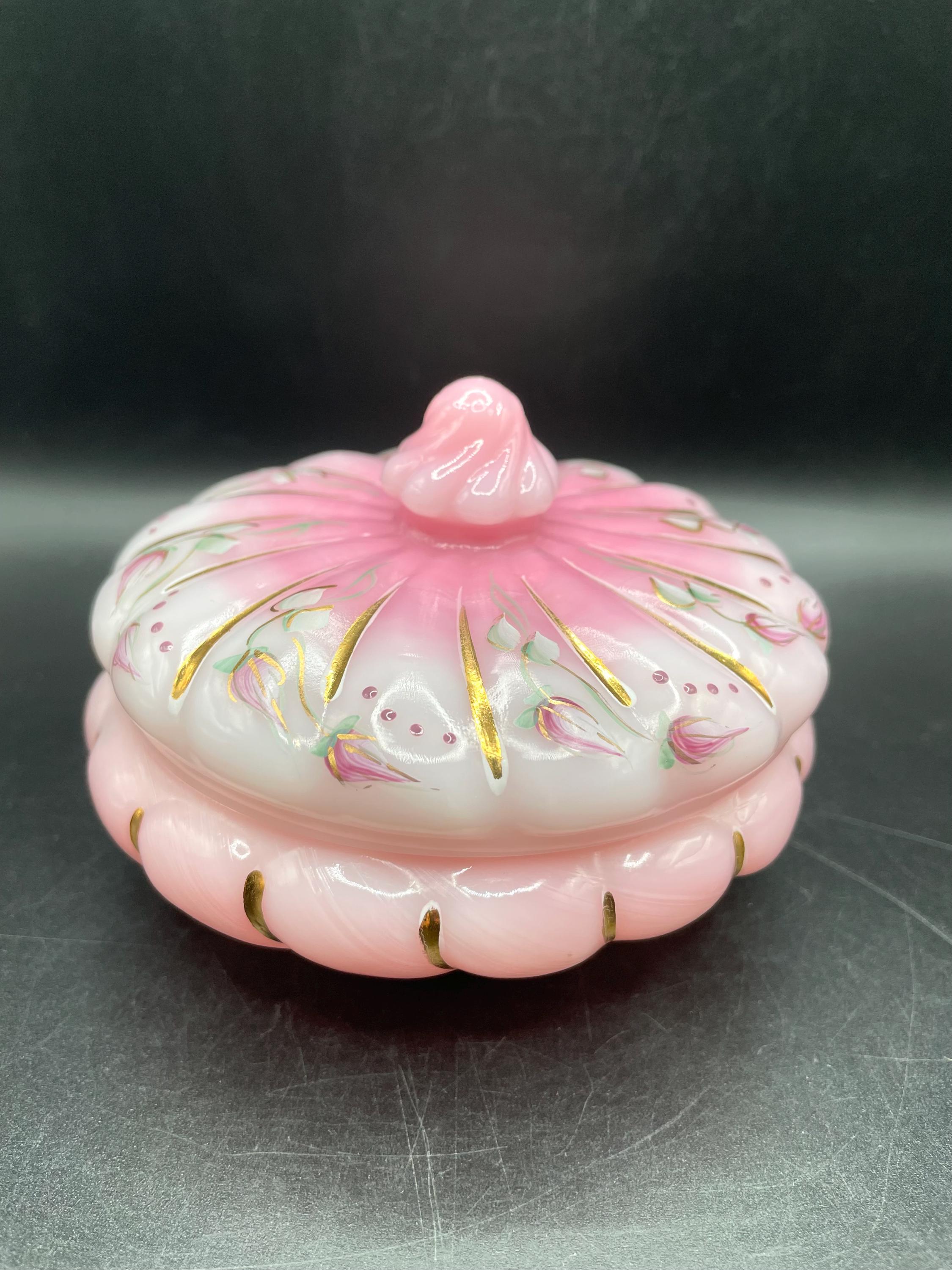 Fenton Rosalene Puff Box With Lid, Limited Edition, Hand Painted, 22k ...
