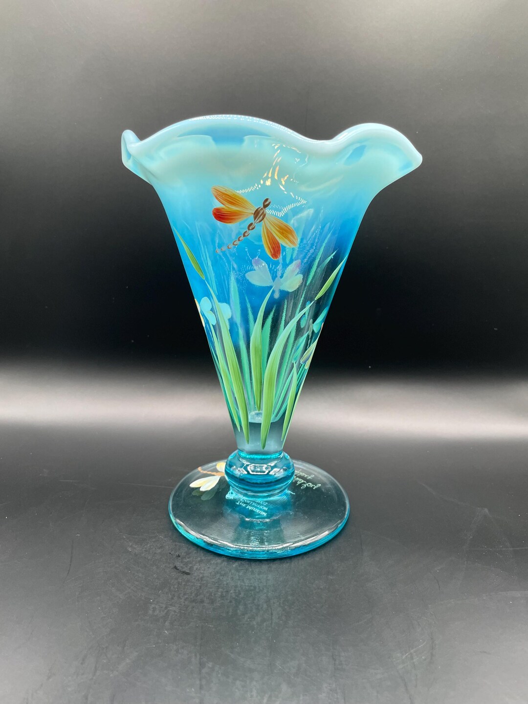 Fenton Museum Collection Opalescent Blue Vase With Hand Painted ...