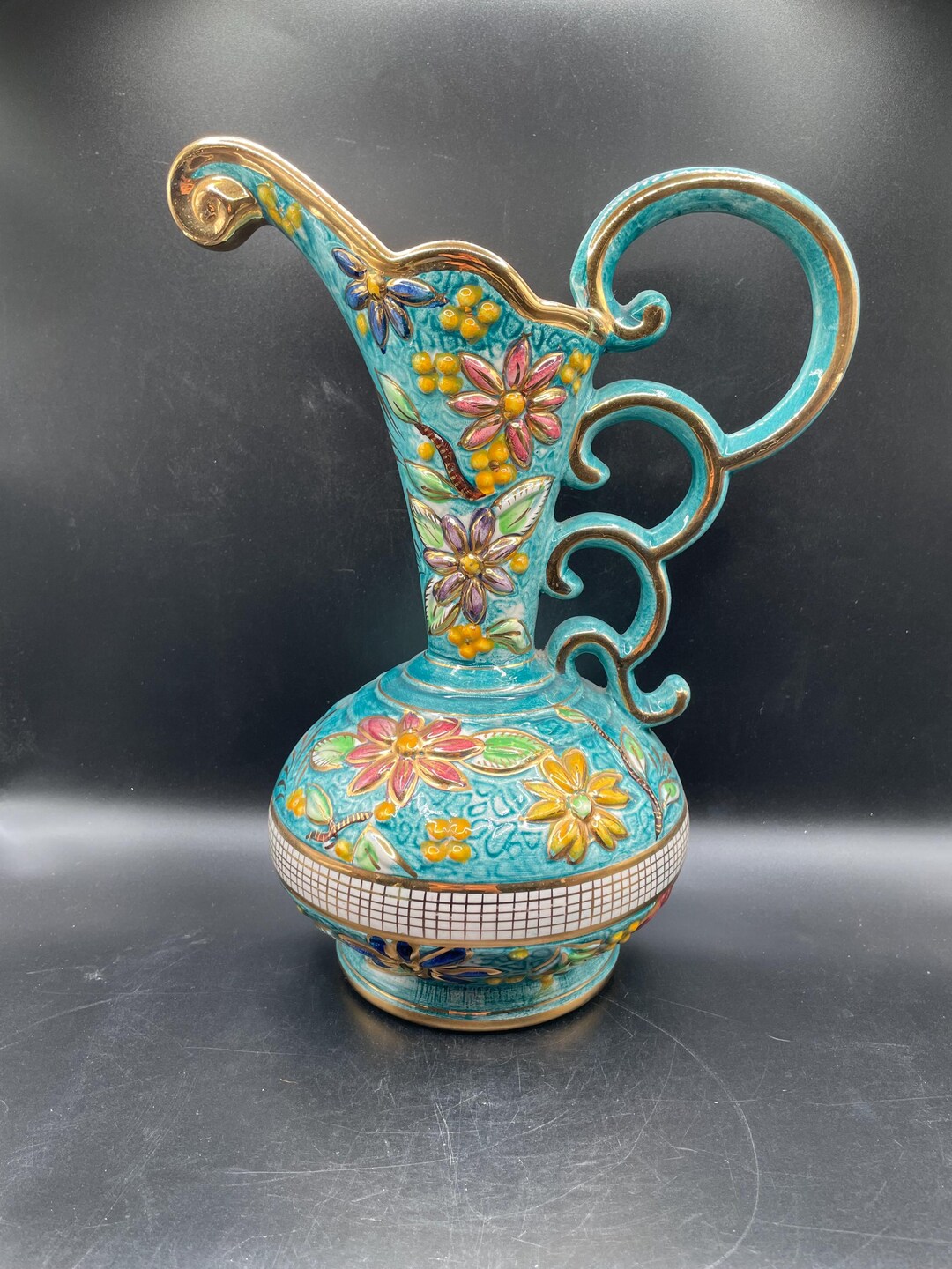 H. Bequet Majolica Pitcher, Hand-painted Floral Ewer, 1950s Belgium ...