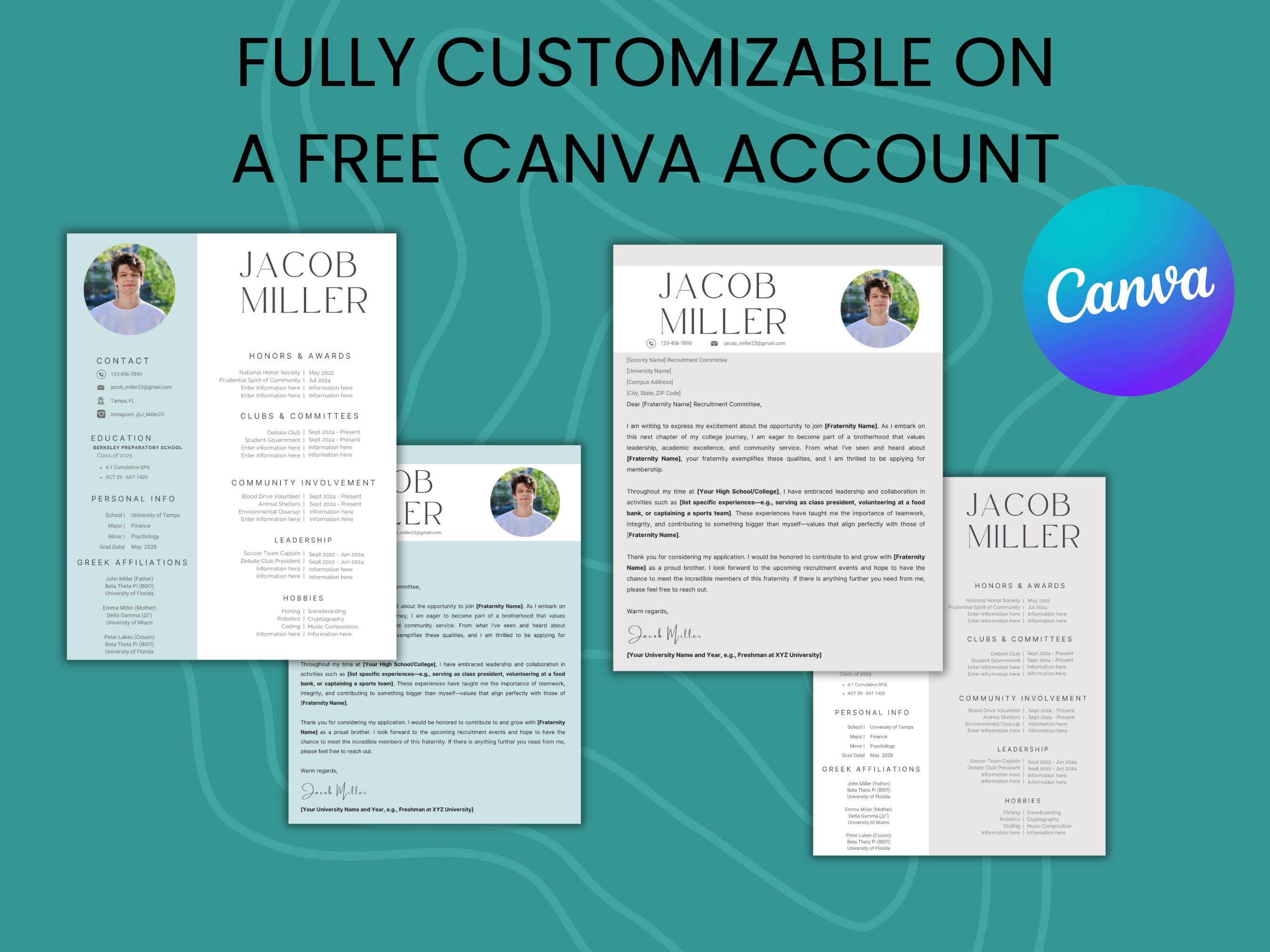 Fraternity Resume Template for Canva | 2025 Rush & Recruitment Resume ...