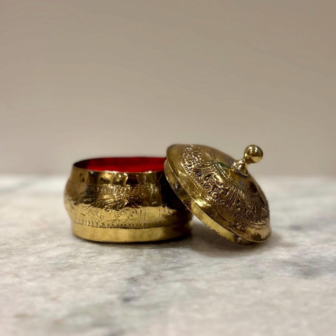 Vintage Etched Brass Jewellery Box With Red Padded Interior and Lid ...