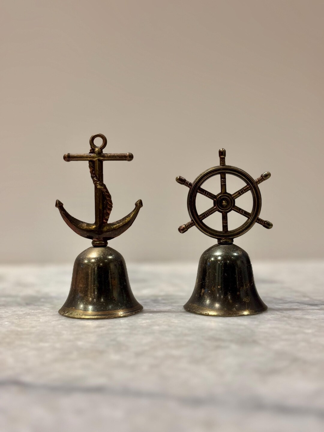 Pair of Vintage Brass Bells Ship Wheel Anchor Nautical Sailor Design ...