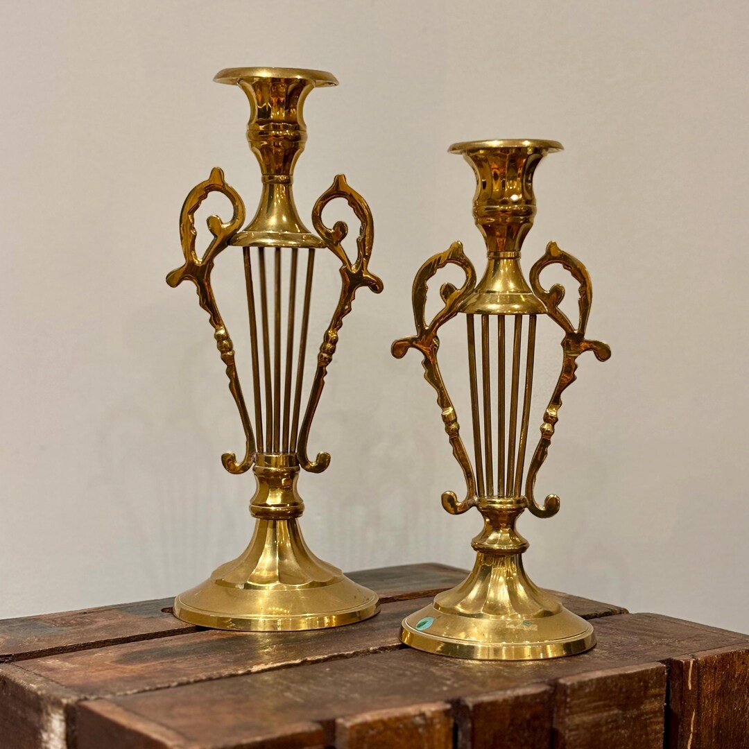 Vintage Pair of Spectacular Solid Brass Lyre Candlesticks, Large Candle ...