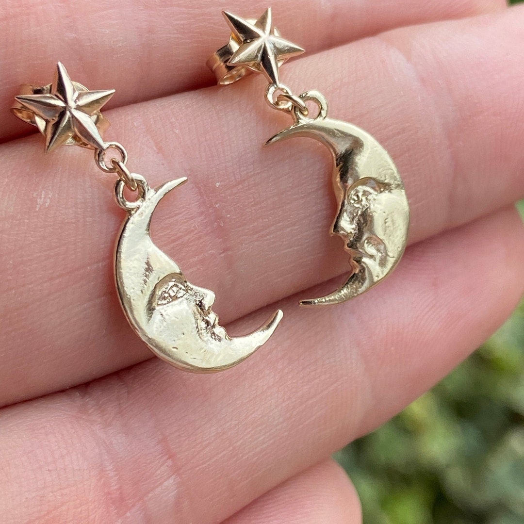 Solid Gold Star Studs With Dangling La Luna Moon - Etsy