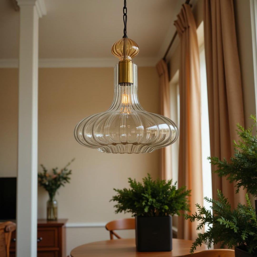 Ribbed Clear Pendant Lamp Hand Blown Glass Ceiling Light Fixture for ...