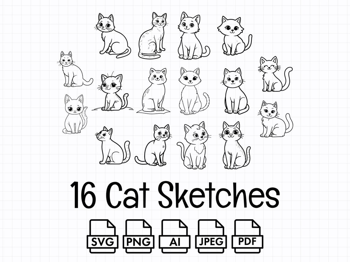 Cat Sketch Outline Bundle | Coloring Pages, Clipart (digital Download ...