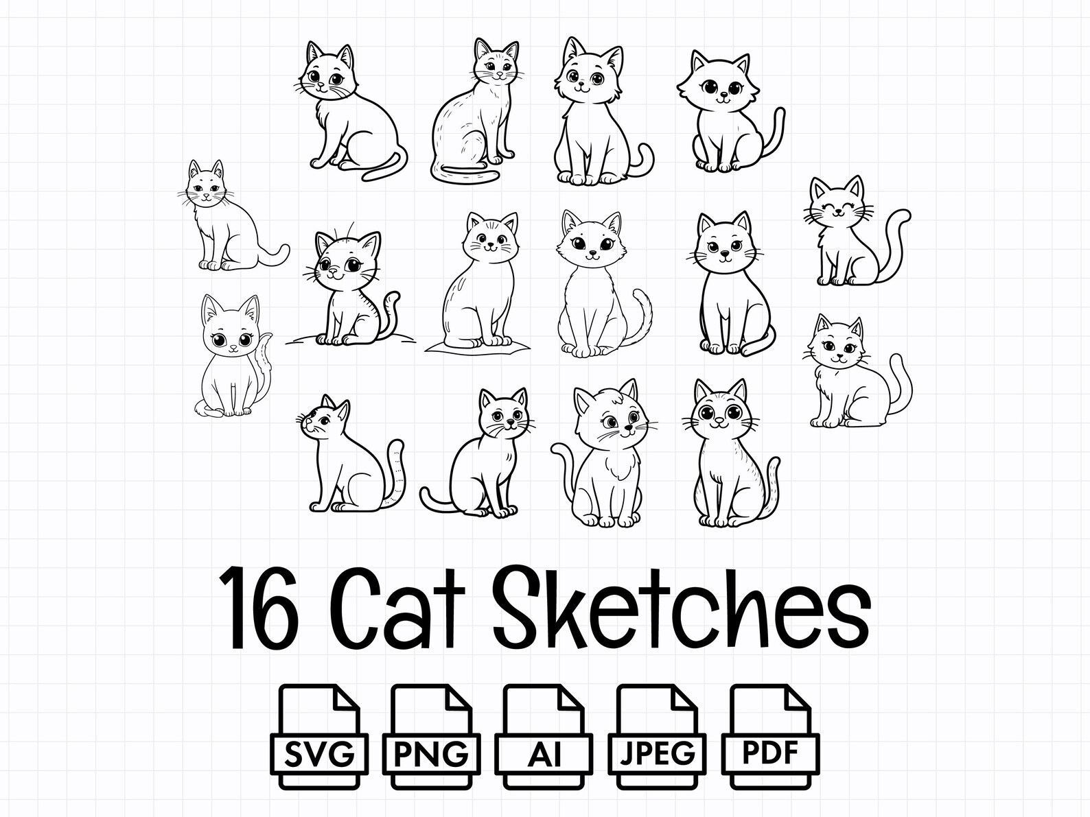 Cat Sketch Outline Bundle | Coloring Pages, Clipart (digital Download ...