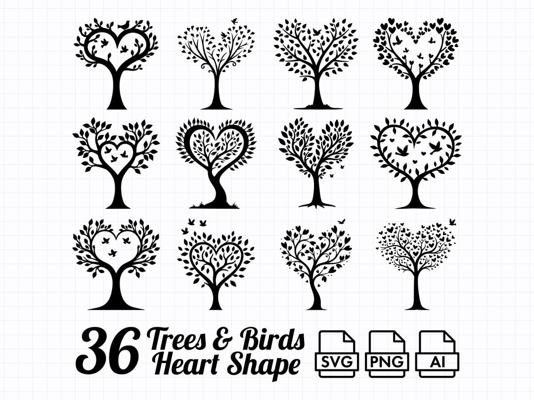 36 Heart Shape Tree Clipart | Love Tree SVG, PNG, AI | Romantic Tree ...