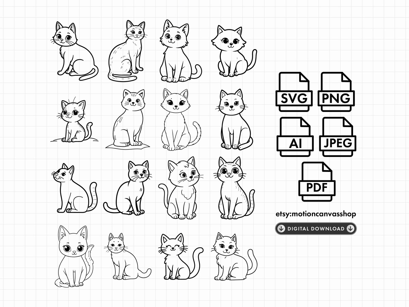 Cat Sketch Outline Bundle | Coloring Pages, Clipart (digital Download ...