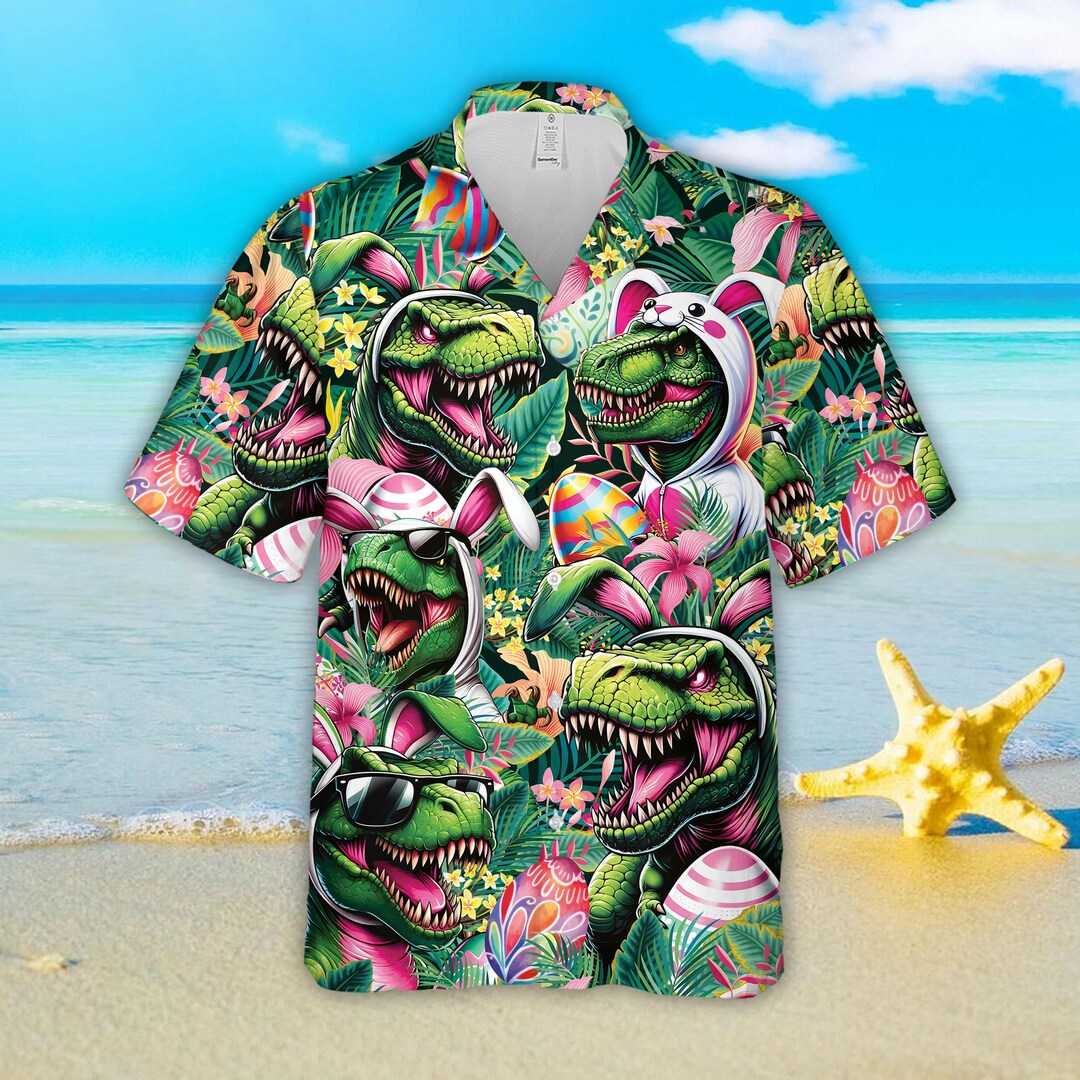 Easter Dinosaur Hawaiian Shirt, T-rex With Bunny Ears & Easter Eggs ...