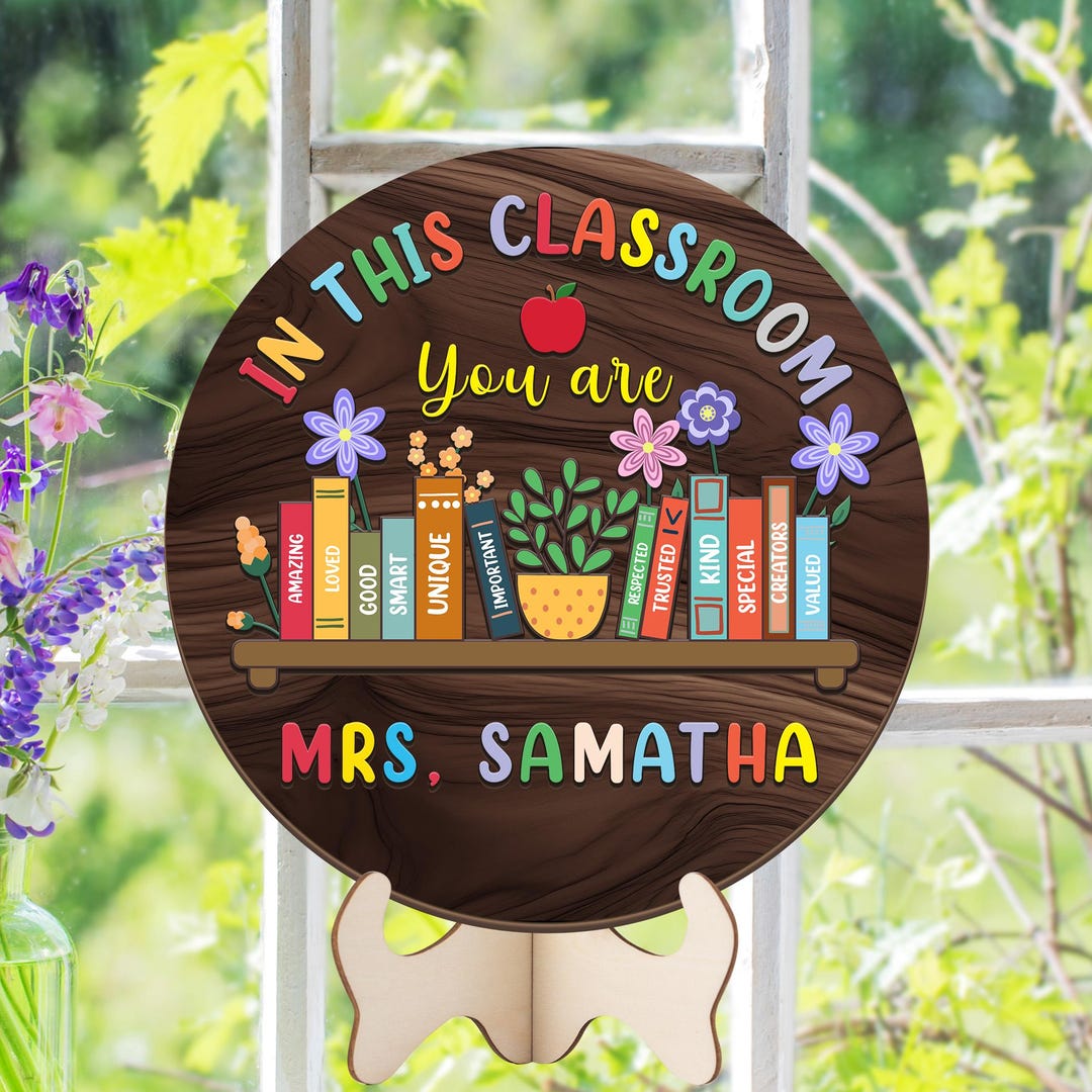 Personalized Name Teacher Classroom Door Hanger, Floral Book Teacher ...