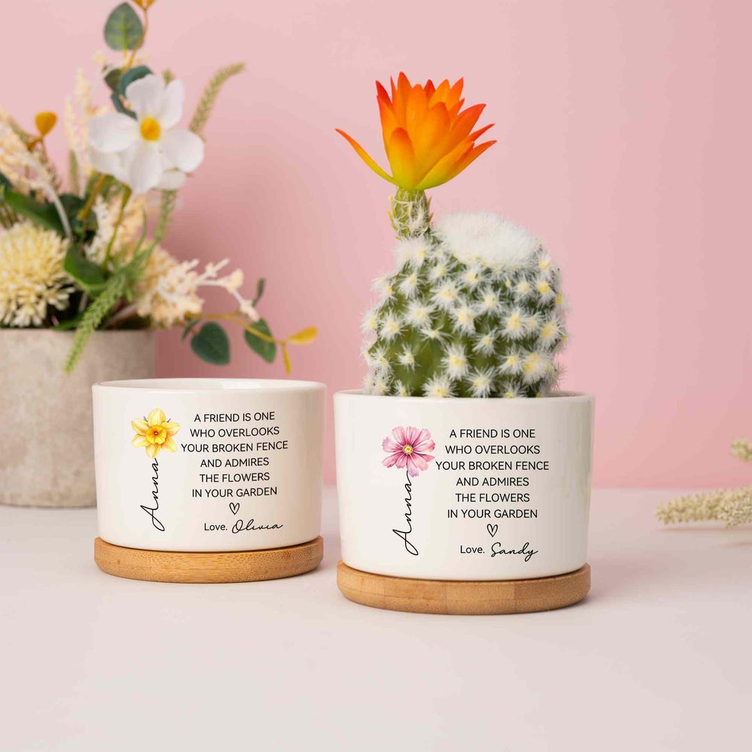 Personalized Birth Flower Plant Pot, Custom Friendship Floral Ceramic ...