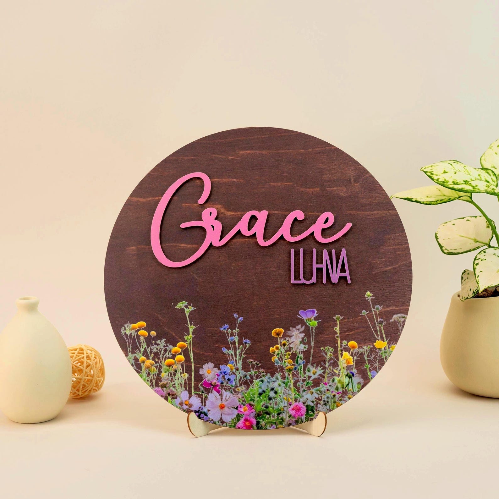 Wildflower Nursery Sign, Round 3D Name Sign, Personalized Wooden Name ...