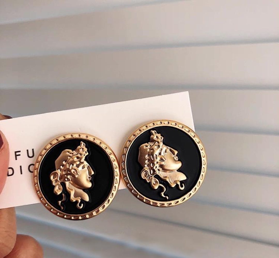 Baroque Medallion Earrings | Black Enamel Gold Coin Studs | Retro ...
