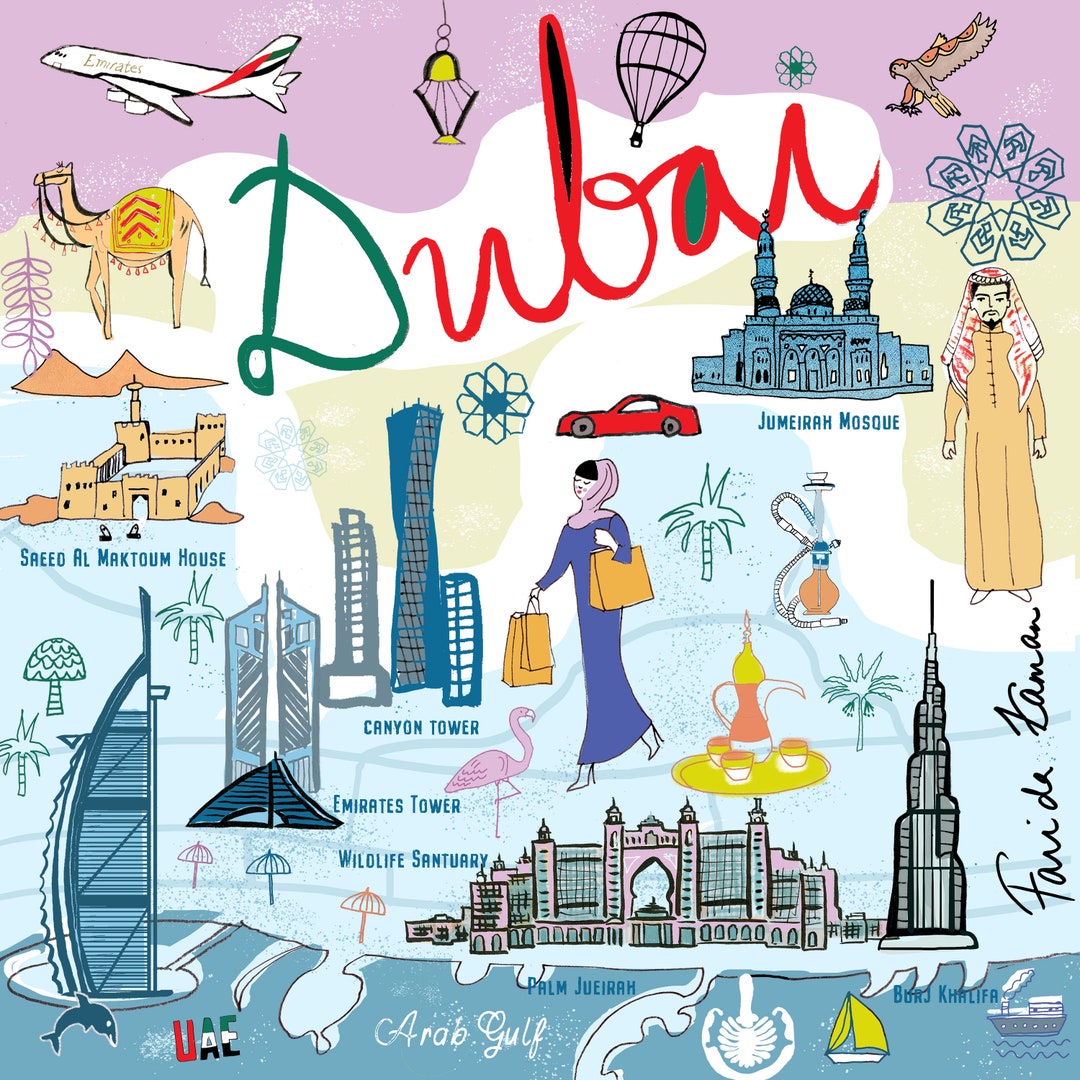 Dubai Travel Illustration, Modern, Whimsical Wall Art, Print, Giclee ...