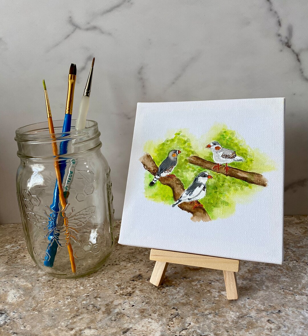 Finch Painting, Zebra Finches, Original Watercolor, Small Canvas Art ...
