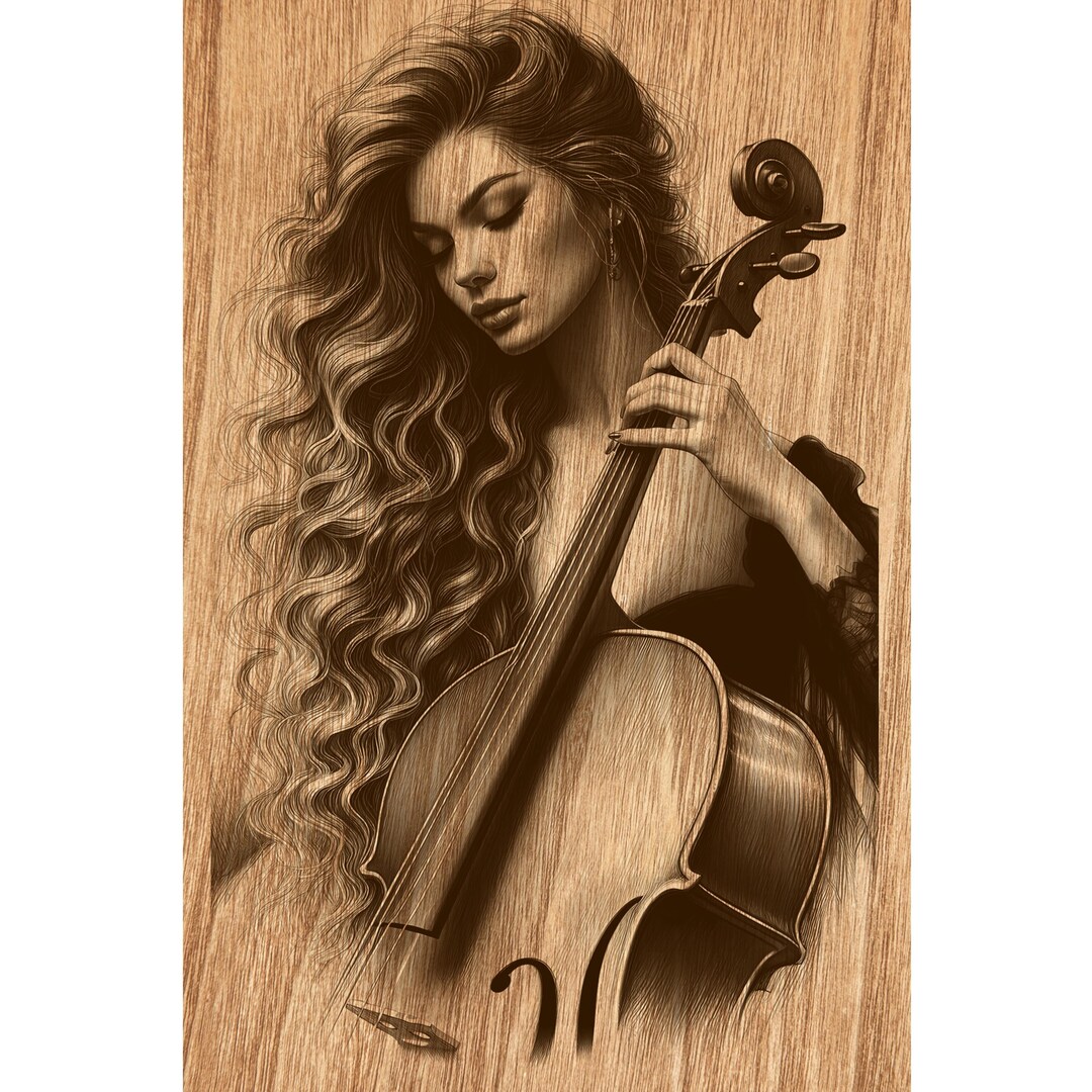 Woman Playing Cello PNG JPEG | Realistic Engraving Art for Laser ...