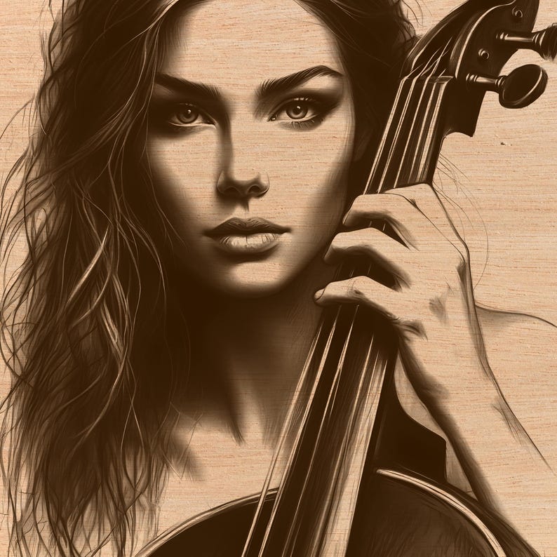 Woman Playing Cello PNG JPEG | Realistic Engraving Art for Laser ...