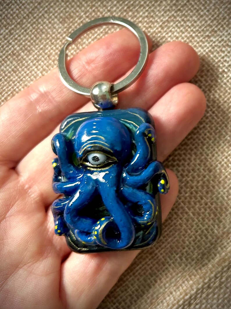 Handmade Octopus Keychain – Wooden & Air Dry Clay Sculpture – Mystic ...