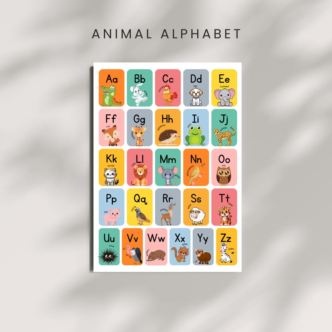 Cute Animal Alphabet Poster, Animal Alphabet Wall Art, Animal Alphabet ...