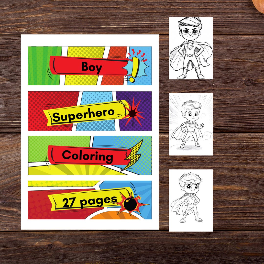 27 Boy Super Hero Kids Coloring Pages, Set of Super Hero Illustrations ...