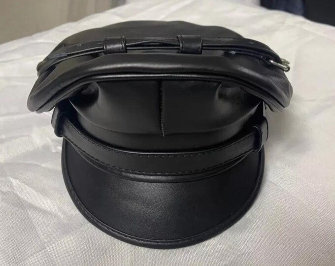 Genuine Full Leather Black Army Muir Biker Peaked Police Gay Bluf Cap ...