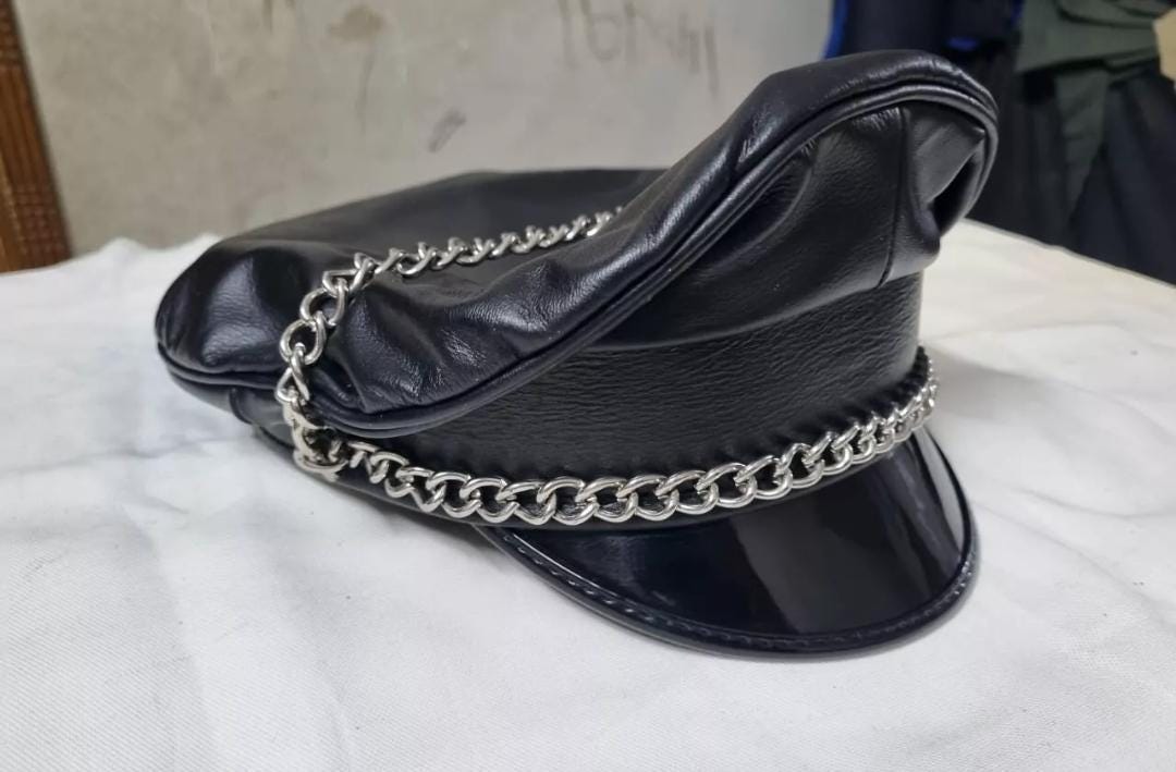 Finest Soft Real Leather Muir Cap Peaked Cap With Chain, Biker Cap ...