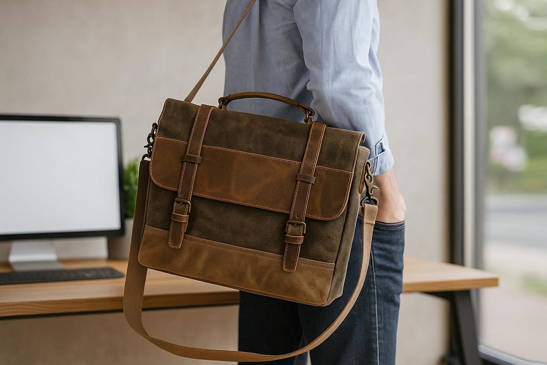 Personalized Waxed Canvas Leather Messenger Bag, Engraved Laptop ...