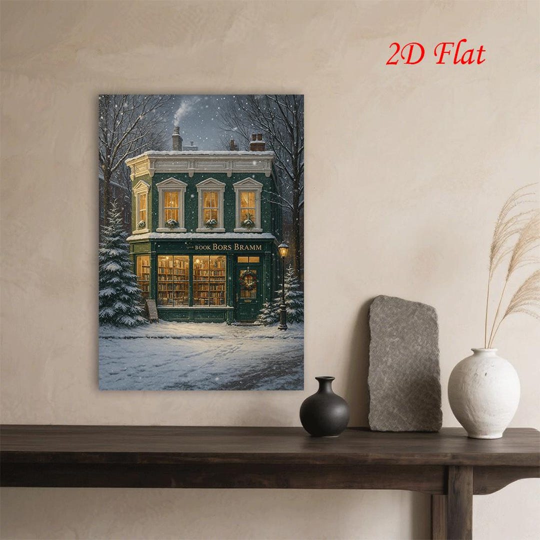 Winter Bookstore Print Snowy Landscape Art Cozy Library Decor Holiday ...