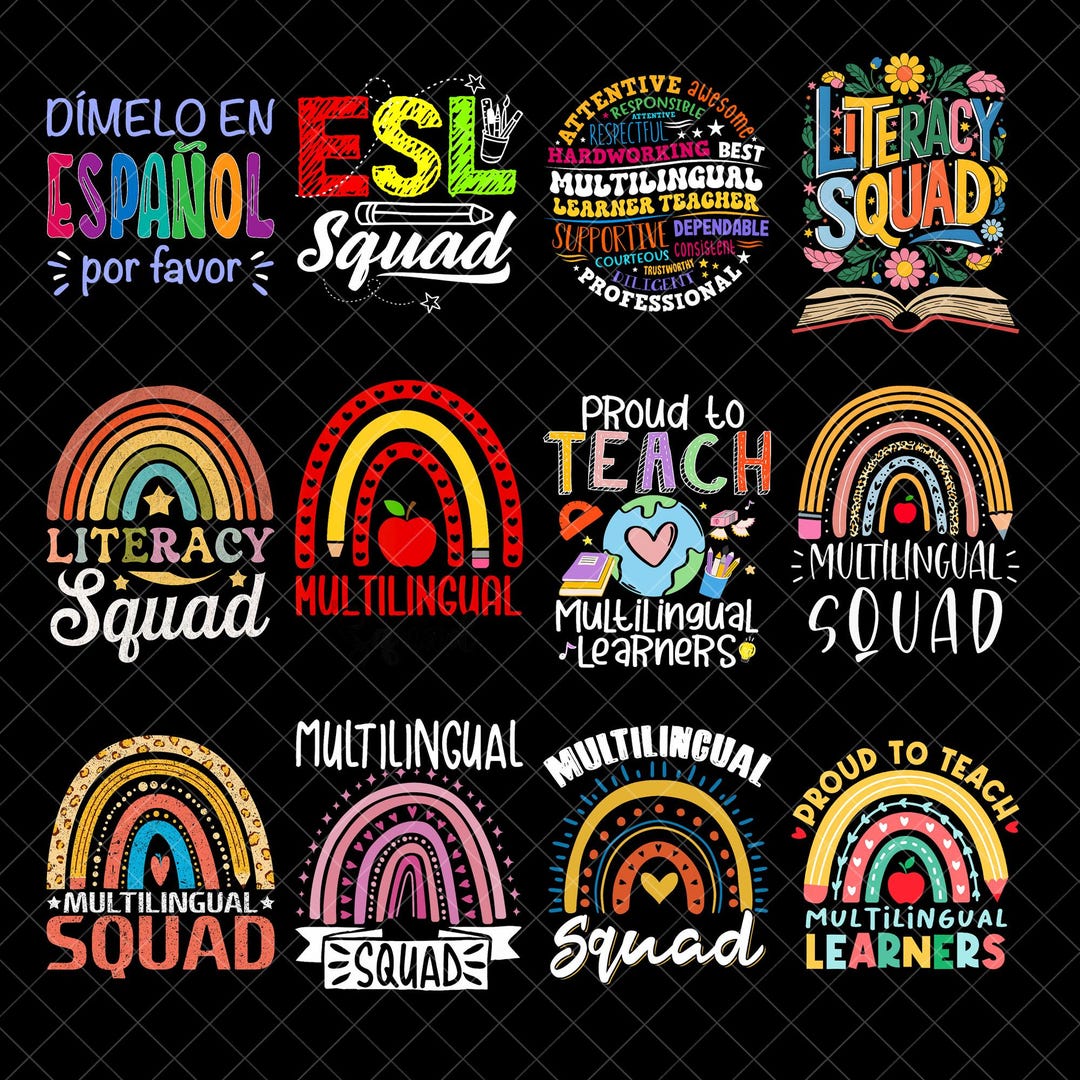 Multilingual ESL Literacy Squad PNG Bundle, Bilingual Teacher Rainbow ...