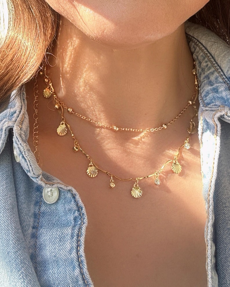 Layered Gold Seashell Necklace, Beach Charm Choker, Coastal Jewelry - Etsy