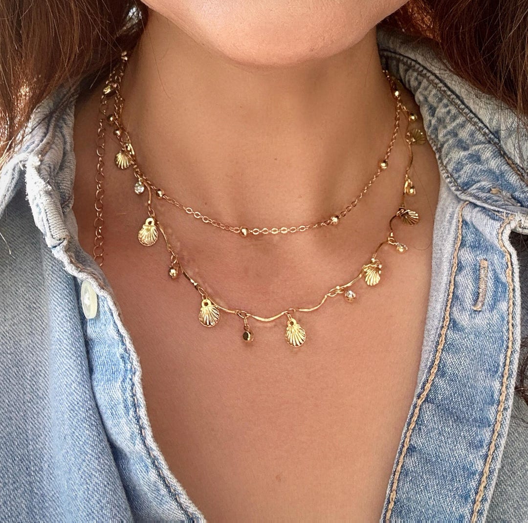 Layered Gold Seashell Necklace, Beach Charm Choker, Coastal Jewelry - Etsy