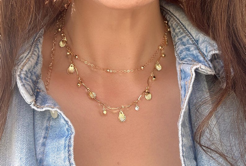 Layered Gold Seashell Necklace, Beach Charm Choker, Coastal Jewelry - Etsy