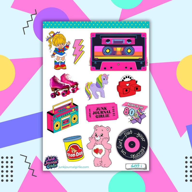 80s Junk Journal Sticker Sheet: Retro Neon Decals - Etsy
