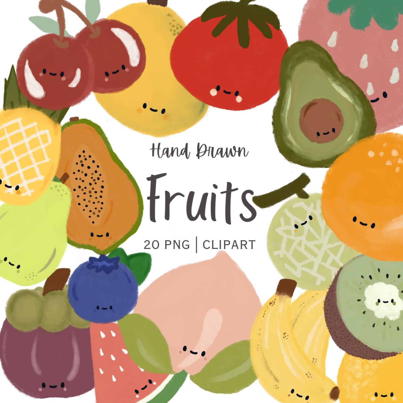 Kawaii Fruit Clipart PNG – Cute Watercolor Fruit Bundle – Hand-drawn ...