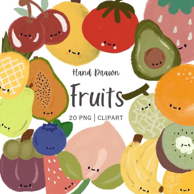 Kawaii Fruit Clipart PNG – Cute Watercolor Fruit Bundle – Hand-drawn ...