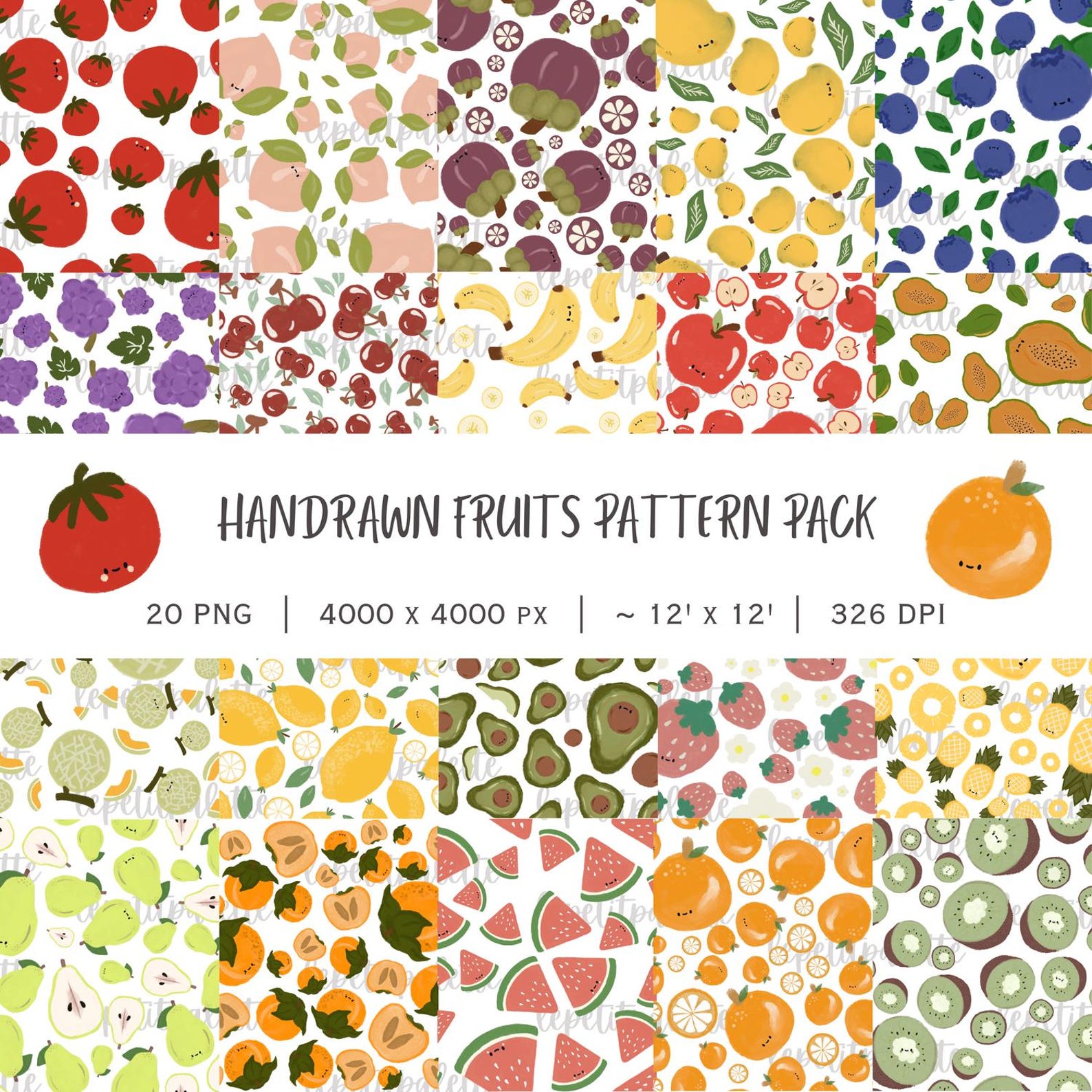 Kawaii Fruit Pattern PNG – Cute Watercolor Fruit Illustrations – Hand ...