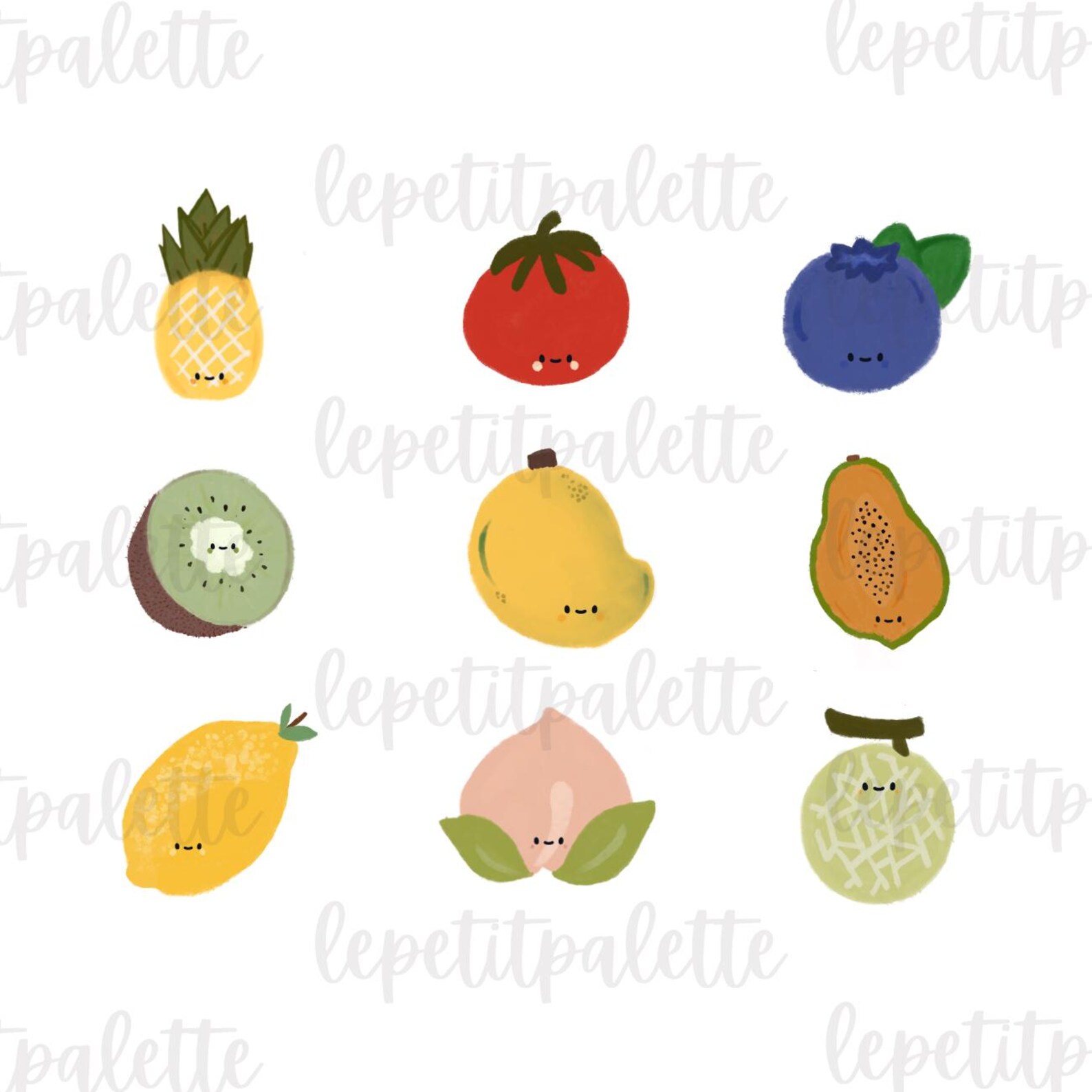 Kawaii Fruit Clipart PNG – Cute Watercolor Fruit Bundle – Hand-drawn ...