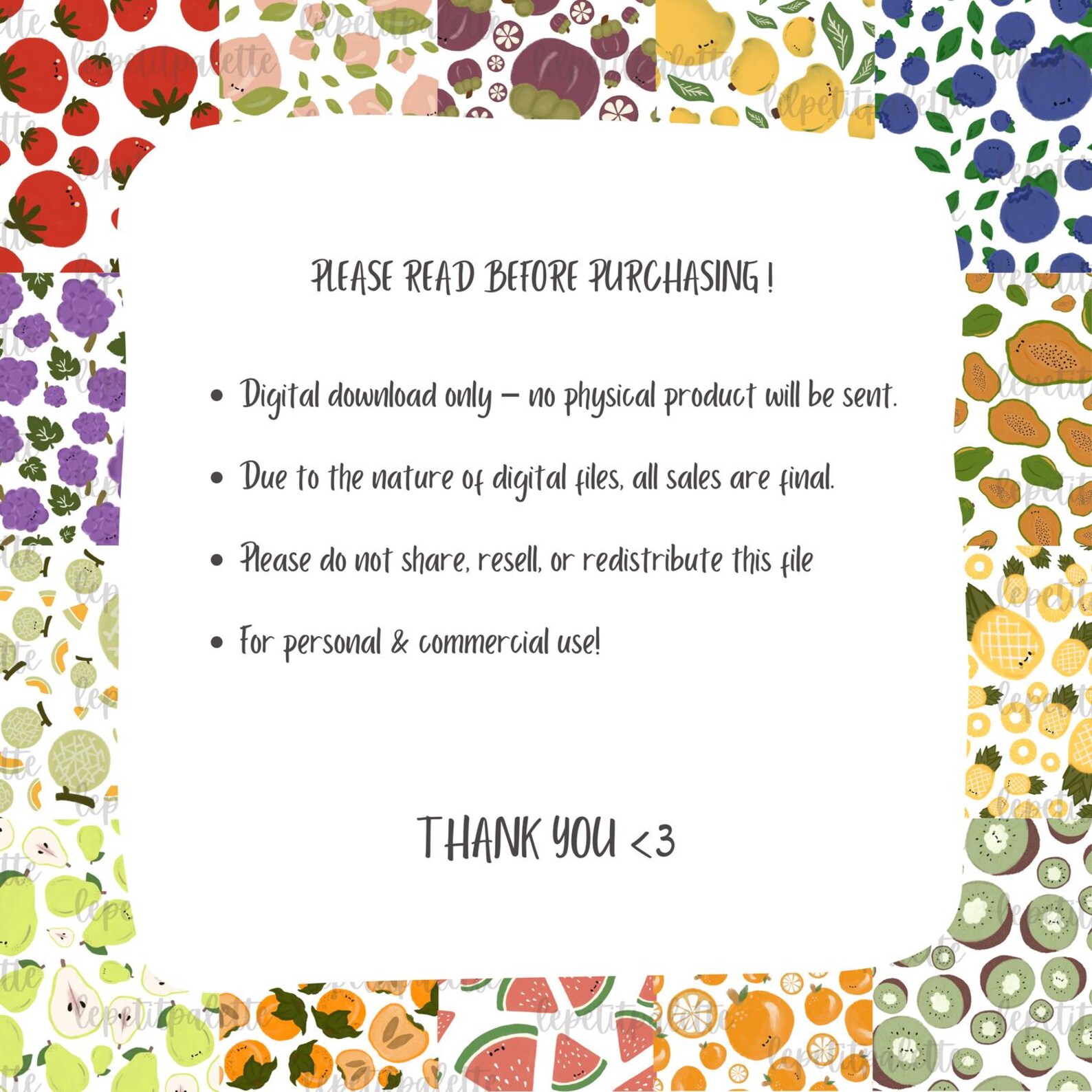 Kawaii Fruit Pattern PNG – Cute Watercolor Fruit Illustrations – Hand ...