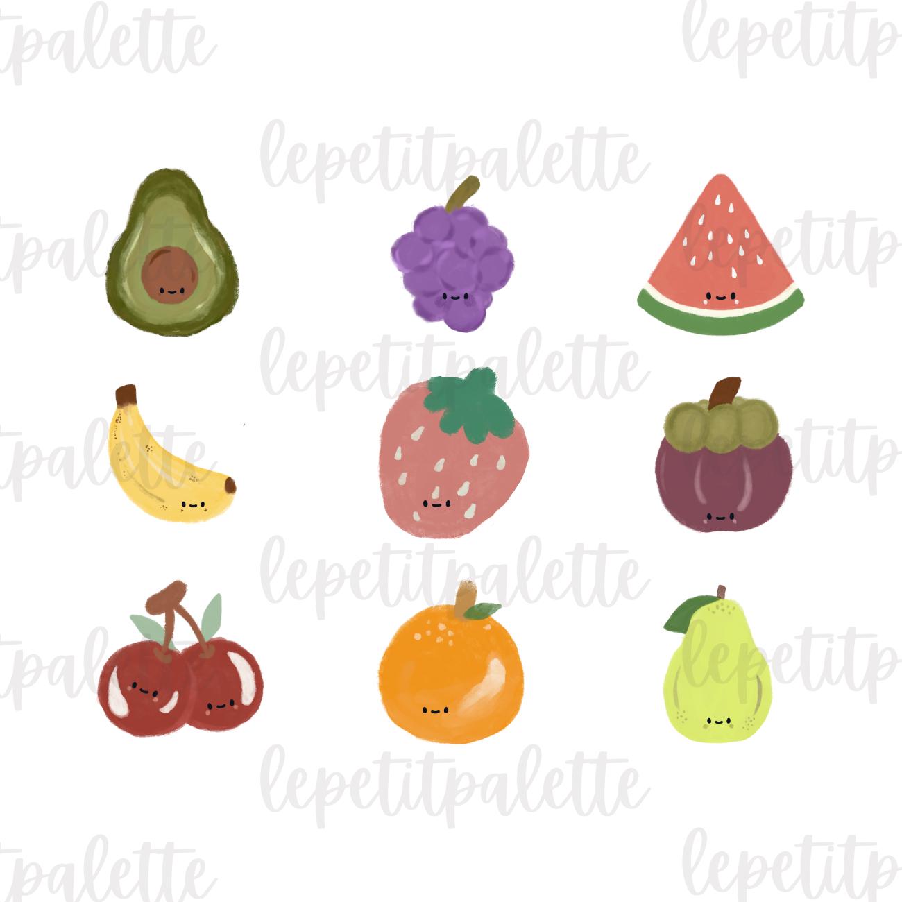 Kawaii Fruit Clipart PNG – Cute Watercolor Fruit Bundle – Hand-drawn ...