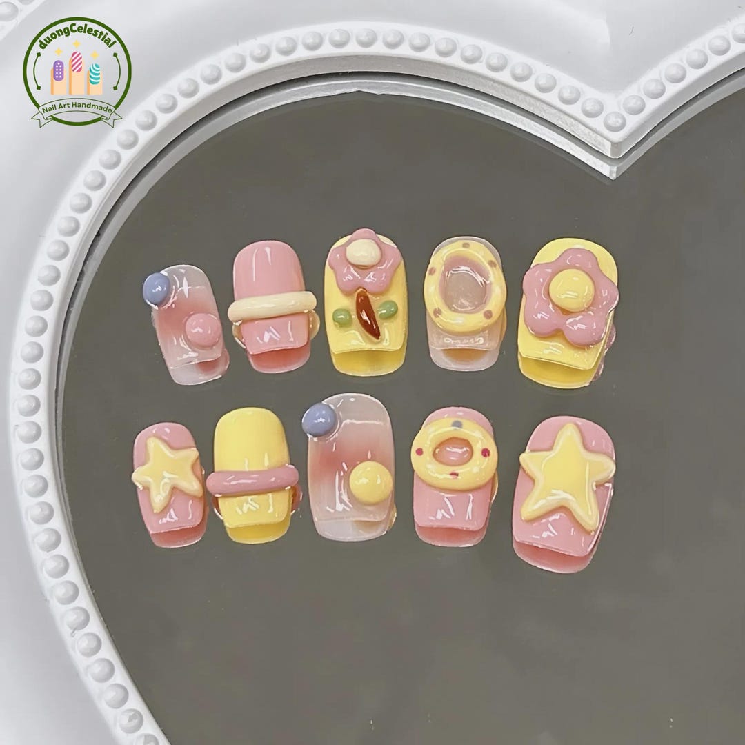 Kawaii Candy Press on Nails, 3D Sweet Donut and Star Nail Art With ...