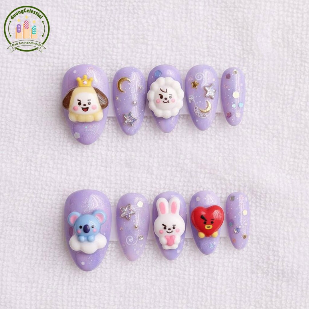 Cute Purple Cartoon Press on Nails With 3D Characters, Stars & Moon ...