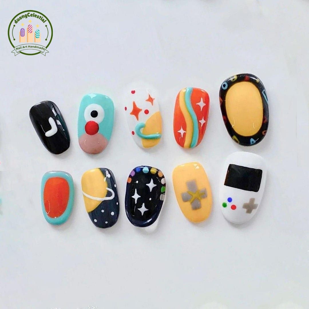 Retro Game Press on Nails | Pixel Art, Planets, Arcade Console, Bright ...